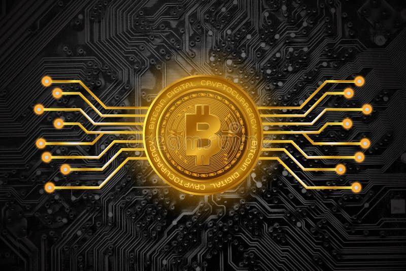 Golden Bitcoin Symbols on Print Circuit Board Background. Stock ... Golden Bitcoin Symbols on Print Circuit Board Background. Stock ...
