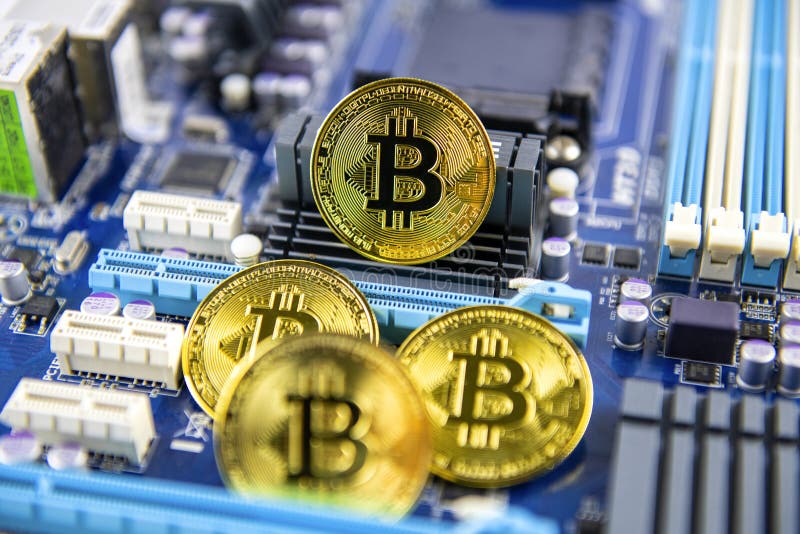 Golden Bitcoin Token Currency Mining Stock Photo - Image of finance ...