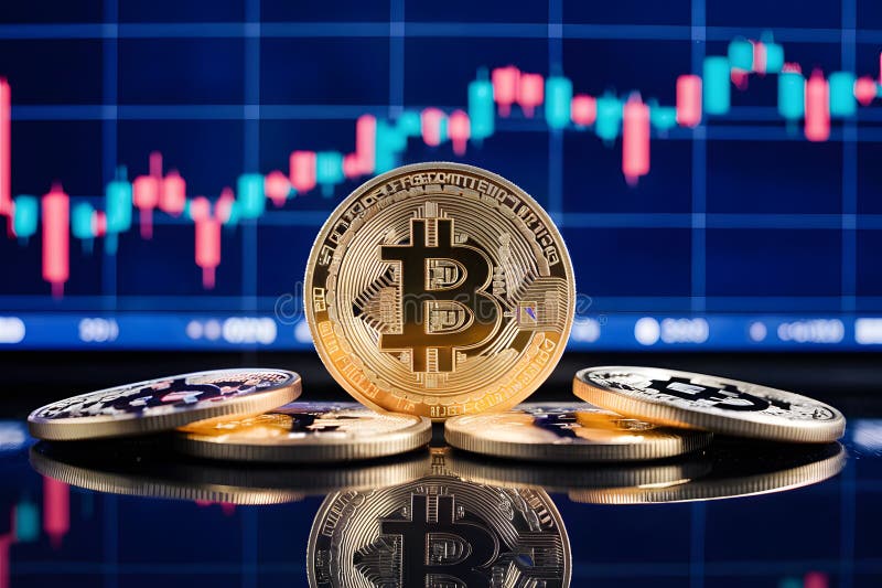 Golden Bitcoins in Front of Digital Screen with Fluctuating Candlestick ...