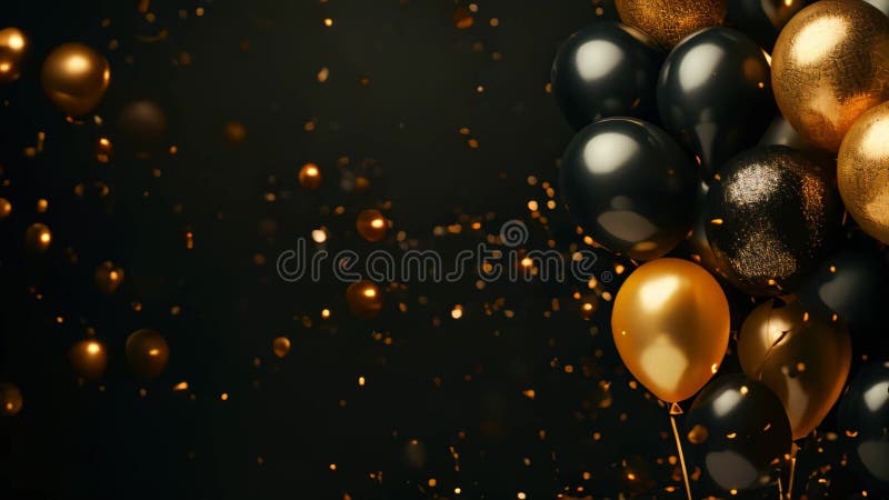 Golden and Black Balloons with Confetti on Black Background, Copy Space ...