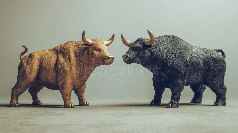 Golden and Black Bull Statues Facing Off on Neutral Background Stock ...