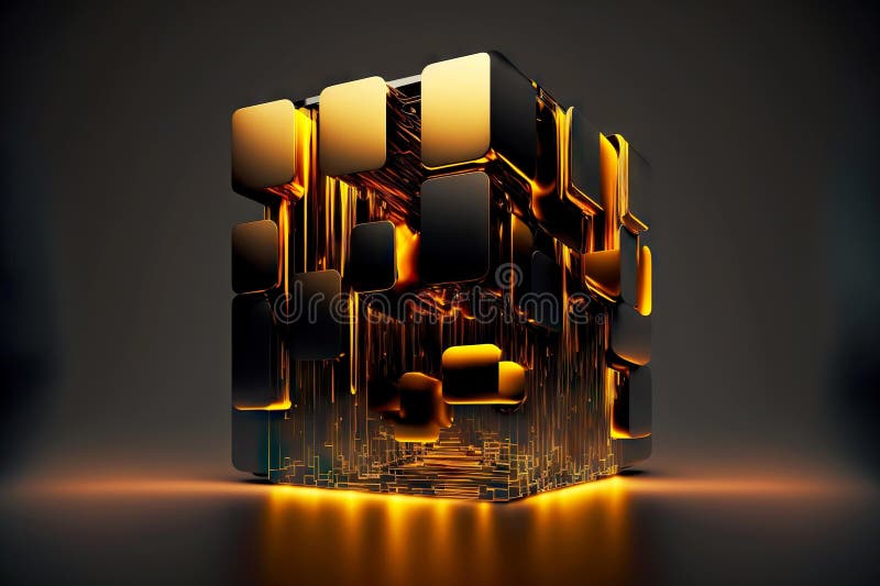 Golden Black Cube on Illuminated Platform As 3d Render Abstract ...