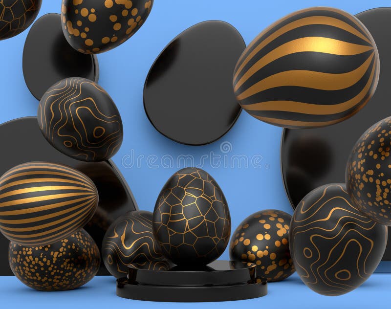 Golden and Black Easter Egg on Podium and Scattered Eggs on Blue ...