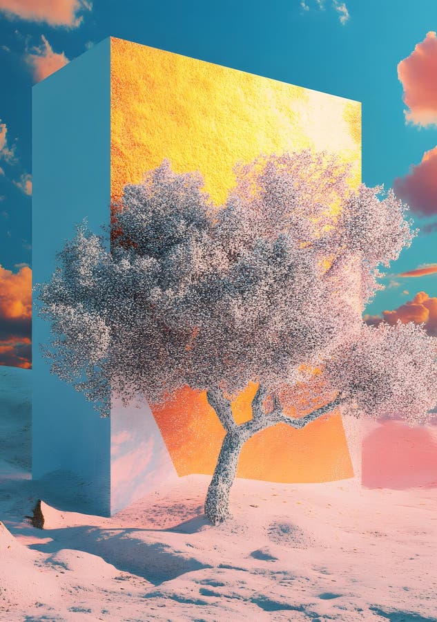 Golden Block Abstract Art with Tree Generated Using AI. Stock ...