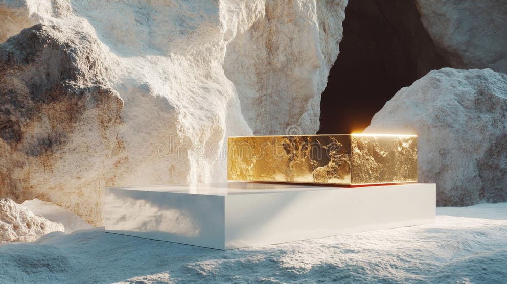 Golden Block on White Platform Amidst White Rocks Stock Illustration ...