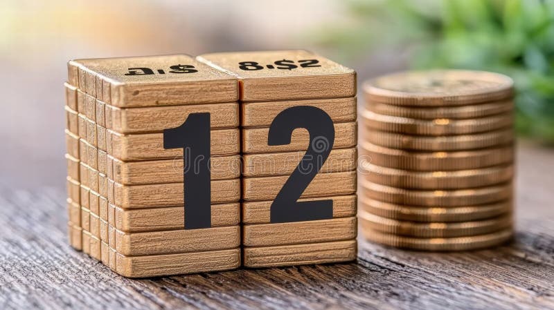 Golden Blocks Displaying Number Twelve with Coins in Background Stock ...