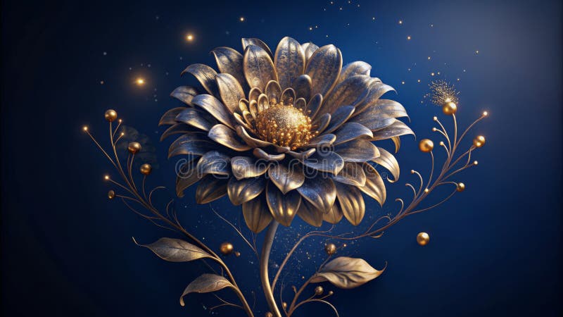 Golden Bloom 3D Render, Blue Background, Luxurious Flower Stock ...
