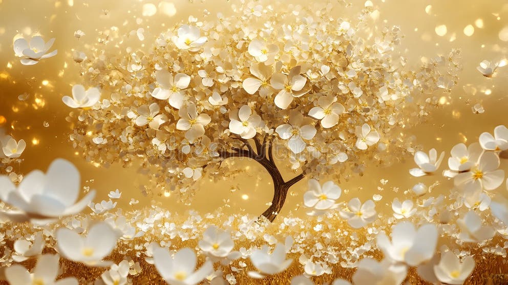Golden Blossom Tree with White Flowers in Glowing Light Stock Image ...