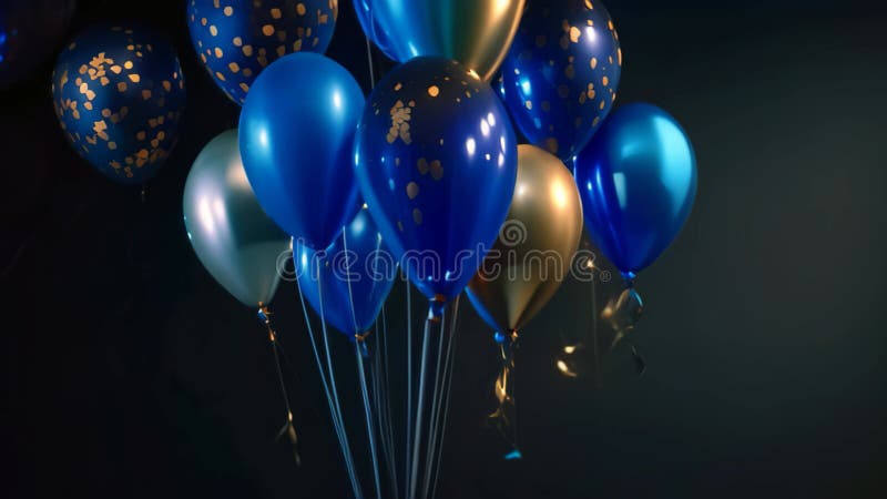 Golden, Blue and Black Balloons on Black Background. 3d Illustration ...