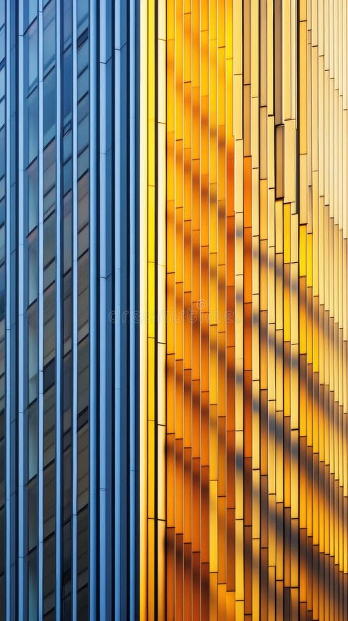 Golden and Blue Skyscraper Facade with Geometric Patterns and ...