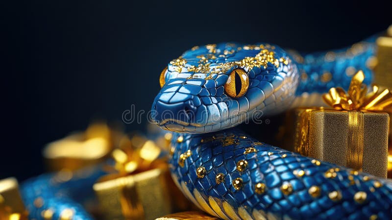 Golden-Blue Snake with Golden Giftboxes Stock Image - Image of unique ...