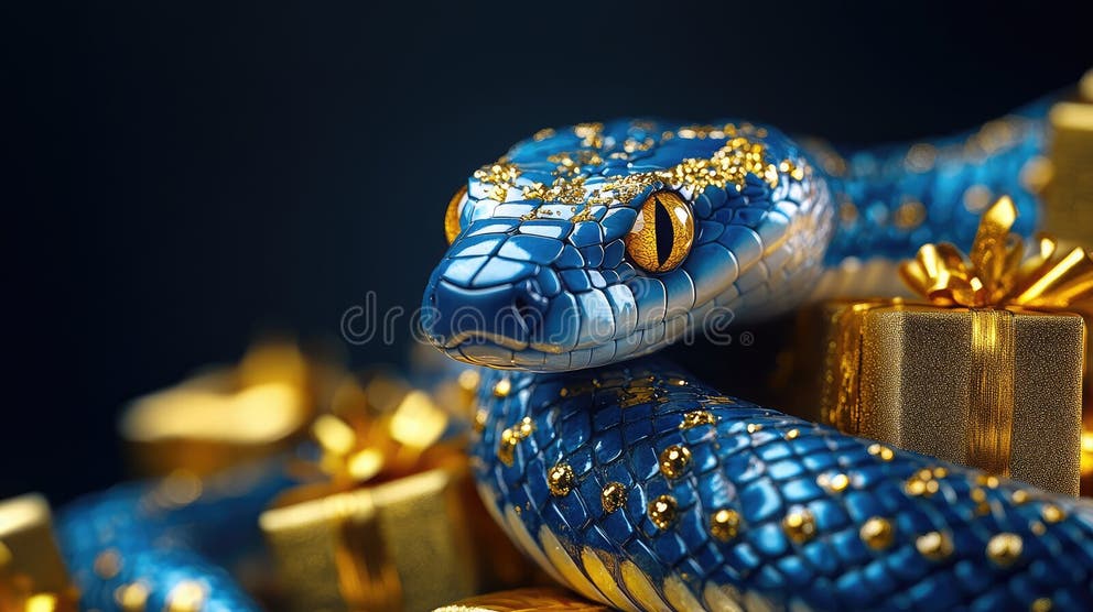 Golden-Blue Snake with Golden Giftboxes Stock Image - Image of unique ...