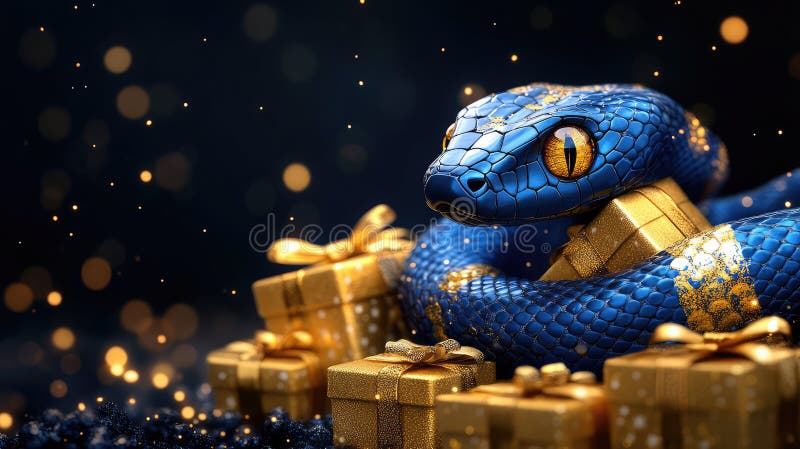 Golden-Blue Snake with Golden Giftboxes Stock Photo - Image of modern ...