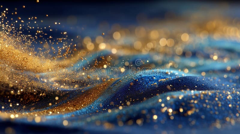Golden and Blue Sparkling Particles on Fluid Surface Stock Photo ...