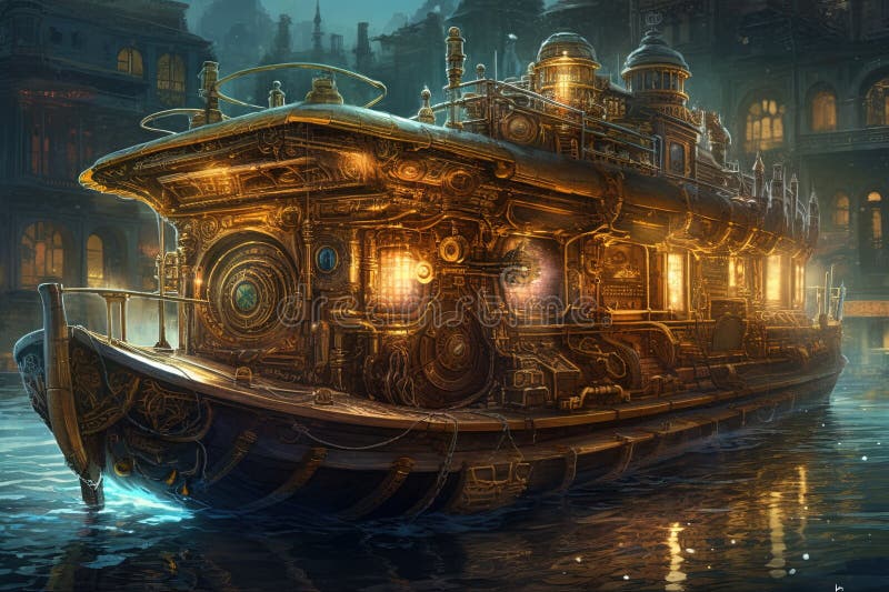 Golden Boat Illustration Generative Ai Stock Image - Image of antique ...