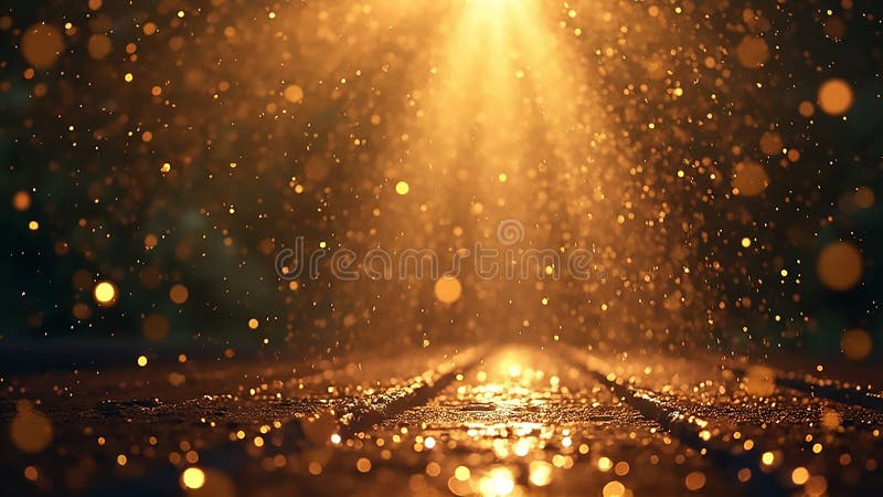 Golden Bokeh and Light Ray Fall Down on a Wet Night Muddy Road ...