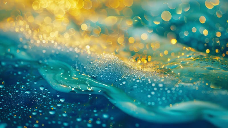 Golden Bokeh on Teal Water, Abstract Liquid Texture Background Stock ...