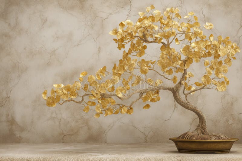 Golden Bonsai Tree on Beige Stock Illustration - Illustration of ...