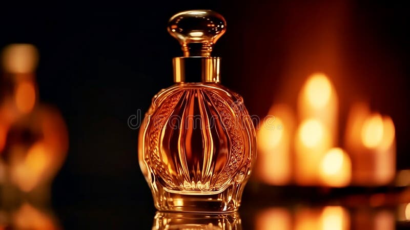 A Golden Bottle of Perfume Stands on Surface in Which Fire is Reflected ...