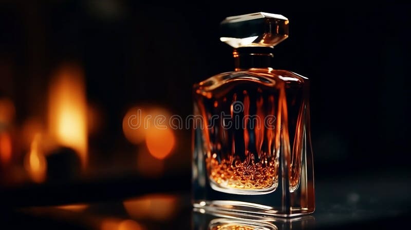 A Golden Bottle of Perfume Stands on Surface in Which Fire is Reflected ...