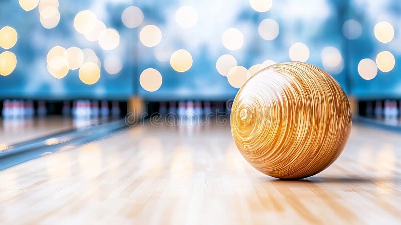 Golden Bowling Ball on Polished Lane with Blurred Lights Stock ...