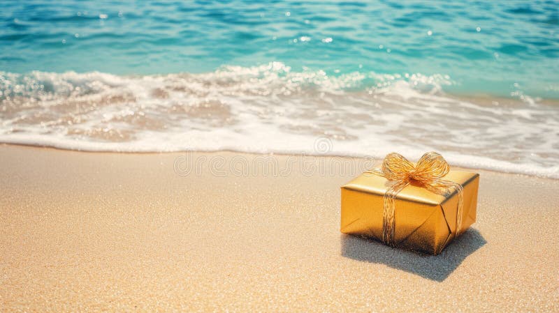 A Golden Box, Adorned with a Bow, Rests on the Beach Near the Ocean ...