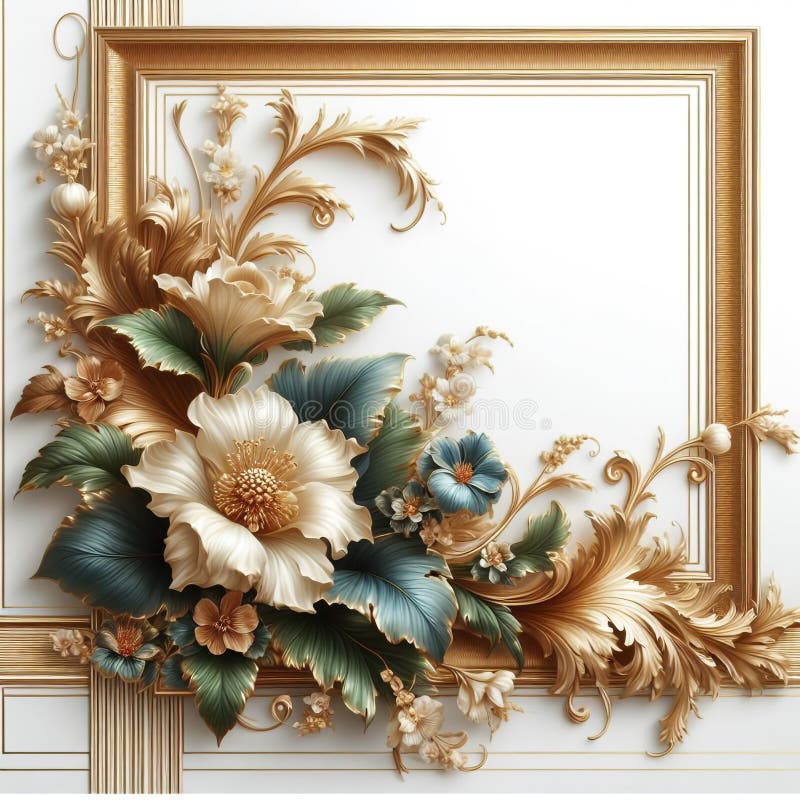 Golden Box Frame Floral Border with White Background Stock Illustration ...