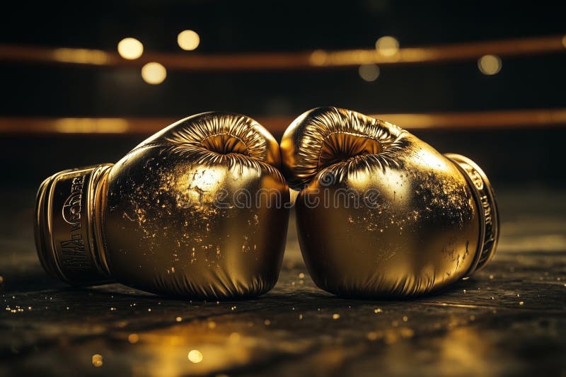 Golden Boxing Gloves in a Ring on a Floor Ai Photo Stock Illustration ...