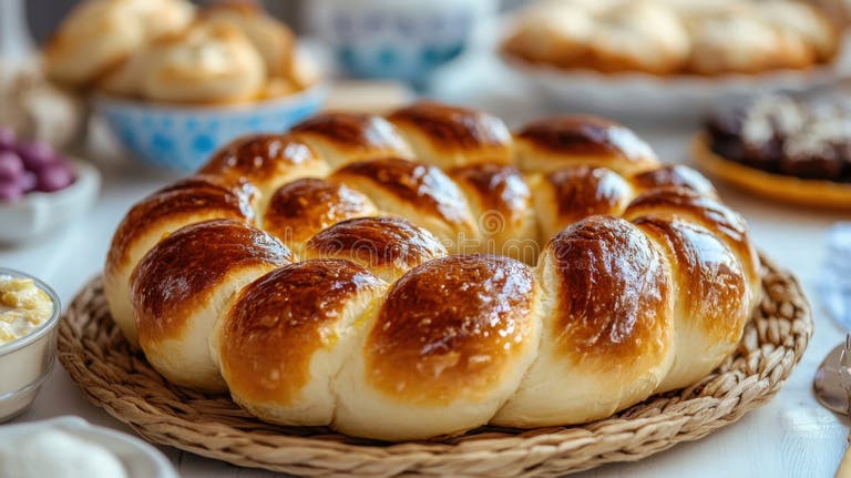 Golden Braided Bread on Rustic Wicker Mat Surrounded by Assorted ...