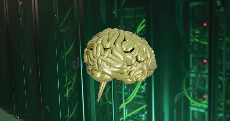 Golden Brain Model with Circuits Image Over Server Room Background ...