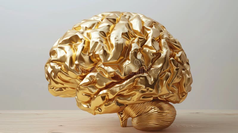 Golden Brain Sculpture on Wooden Surface Reflecting Creativity and ...