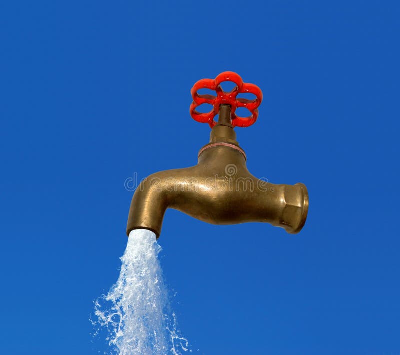 Golden Brass Water Tap with Red Handle, Water Running Stock Image ...