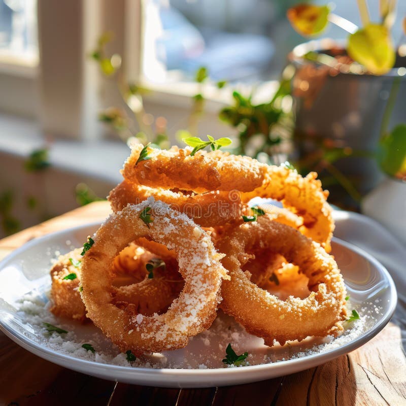 Golden Breaded and Deep Fried Crispy Onion Rings on White Plate by the ...