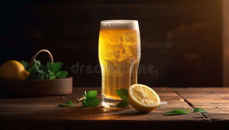 Golden Brew in Rustic Glass, Lime Slice Generated by AI Stock ...