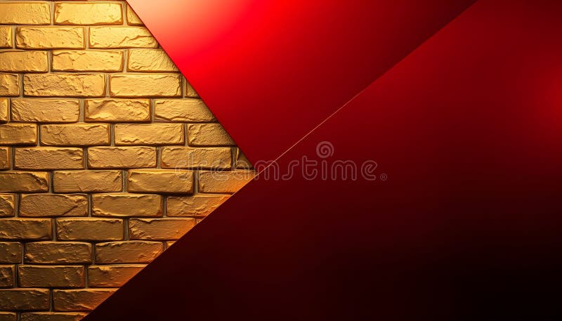 Golden Brick Wall Texture on Red Metallic Background Split Stock ...