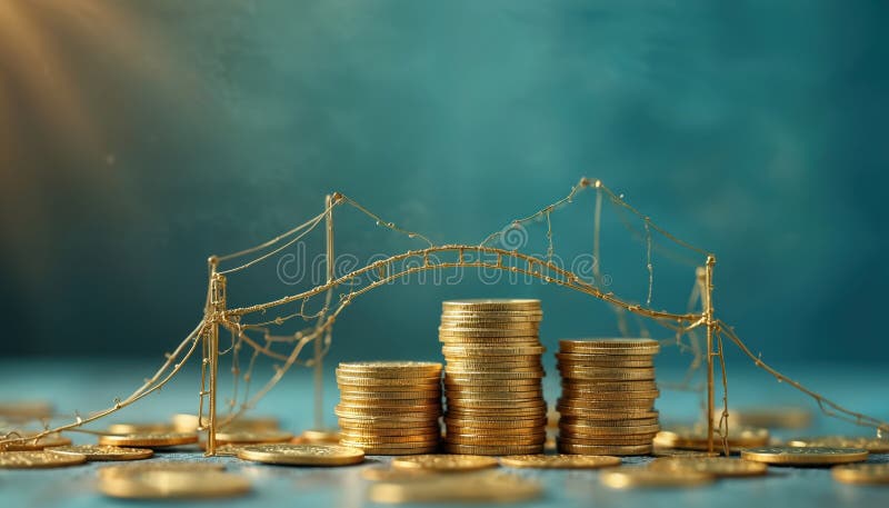 Golden Bridge Spans Across Deep Blue Ocean. Intricate Arches Mirror in ...