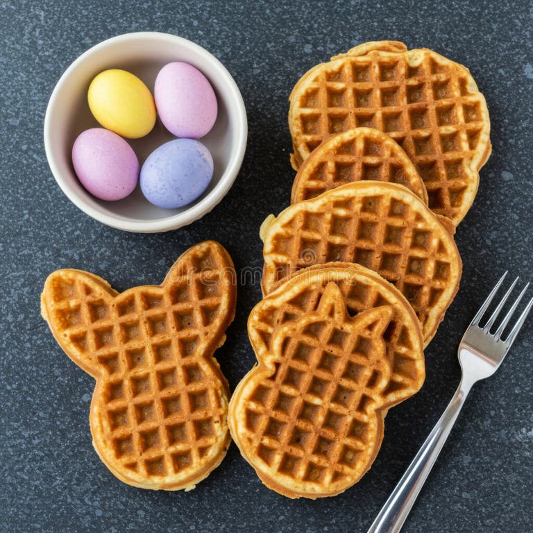 Golden Brown Bunny Shaped Waffles with Pastel Easter Eggs Stock ...
