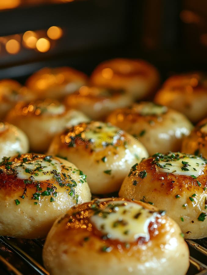 Golden Brown Buns Baking in the Oven with Herbs and Butter. Stock Image ...