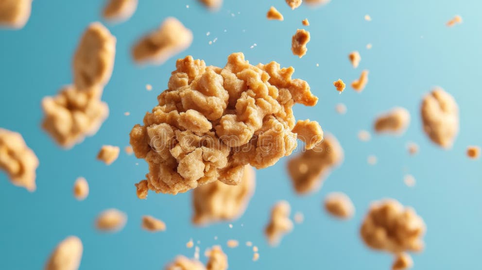 Golden Brown Cookie Crumbles Falling on Blue Background Stock ...