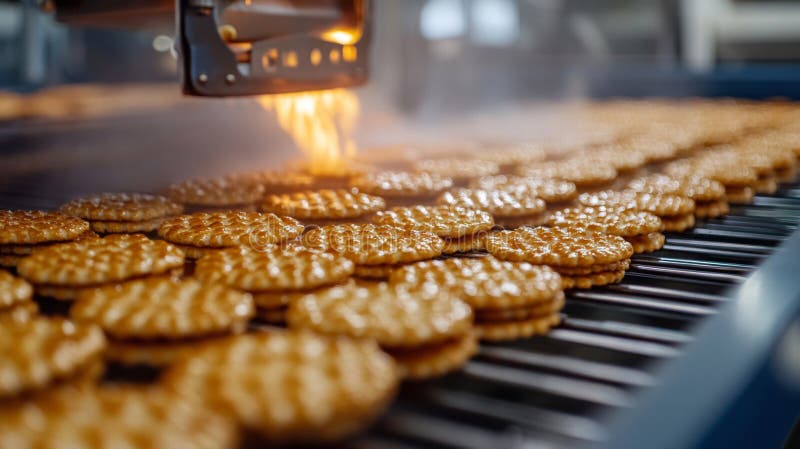 Golden Brown Cookies Moving on Conveyor Belt Stock Illustration ...