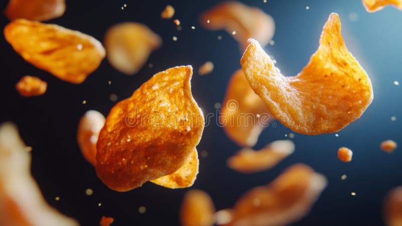 Golden Brown Crispy Chips Falling on Dark Background Stock Illustration ...