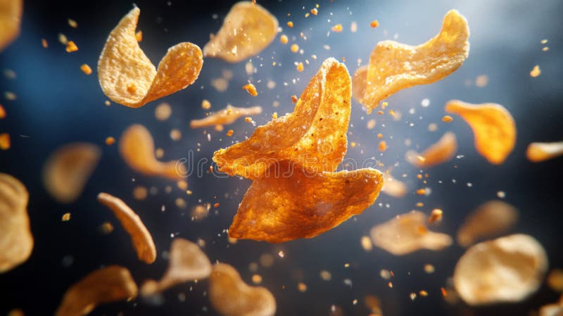 Golden Brown Crispy Chips Flying Against Dark Background Stock ...