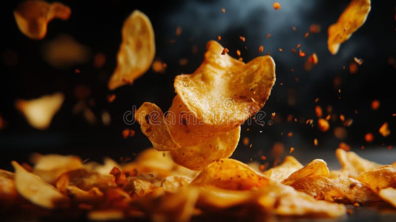 Golden Brown Crispy Potato Chips Falling on Dark Background Stock ...