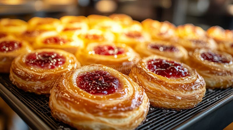 Golden Brown Danish Pastries with Raspberry Filling on Baking Rack ...