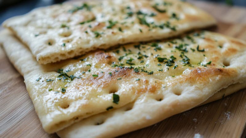 Golden Brown Garlic Herb Flatbread on Wooden Board Stock Illustration ...