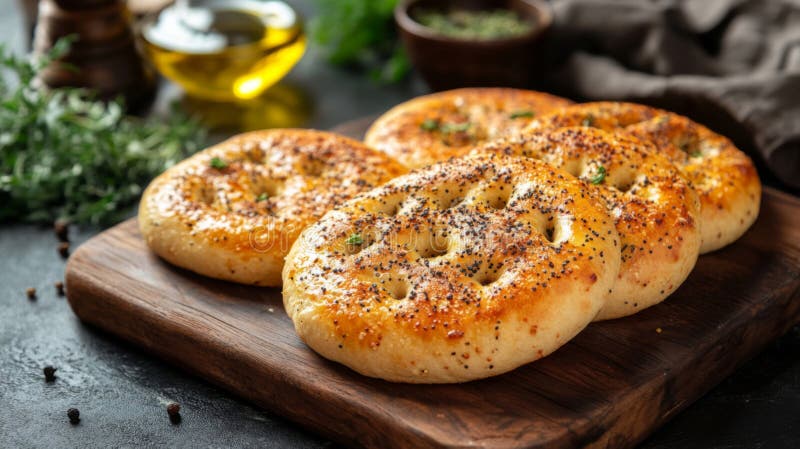 Golden Brown Herb and Seed Flatbreads on Wood Stock Illustration ...