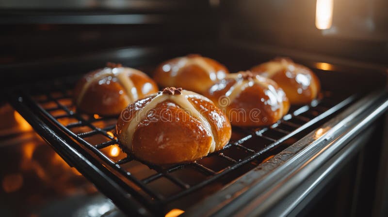 Golden Brown Hot Cross Buns Baking in Oven Stock Illustration ...
