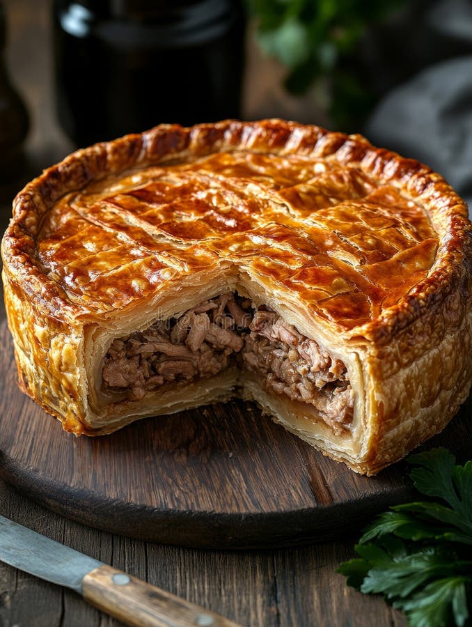 Golden Brown Meat Pie with a Slice Removed. Stock Photo - Image of ...