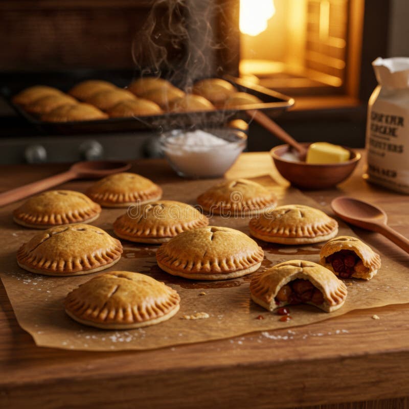 Golden Brown Mini Pies on Wooden Table Stock Illustration ...