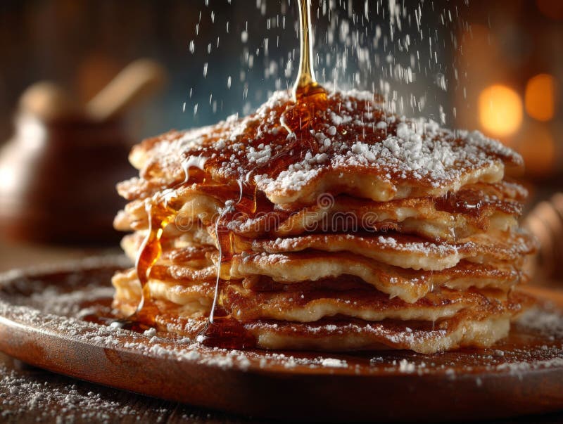 Golden Brown Pancakes Stack with Syrup and Powdered Sugar Stock ...